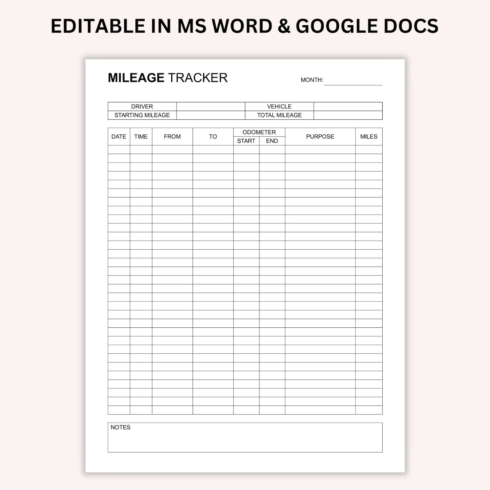 Editable Mileage Tracker, Printable Mileage Log, Work Mileage, Monthly ...