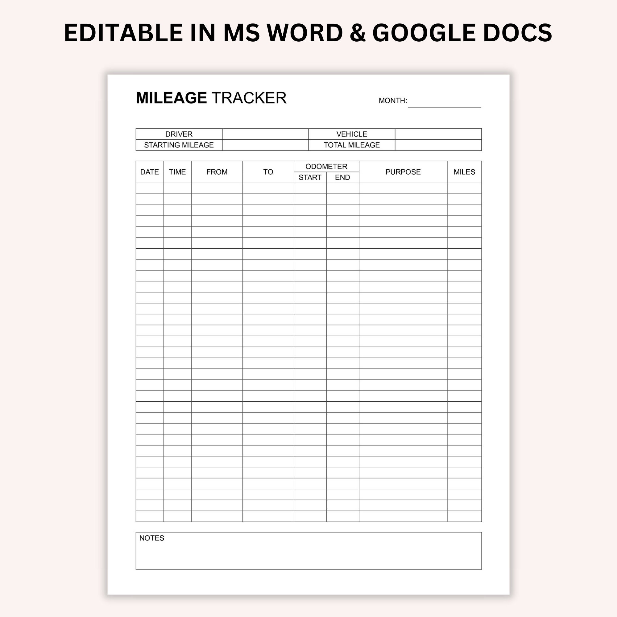 Editable Mileage Tracker, Printable Mileage Log, Work Mileage, Monthly ...