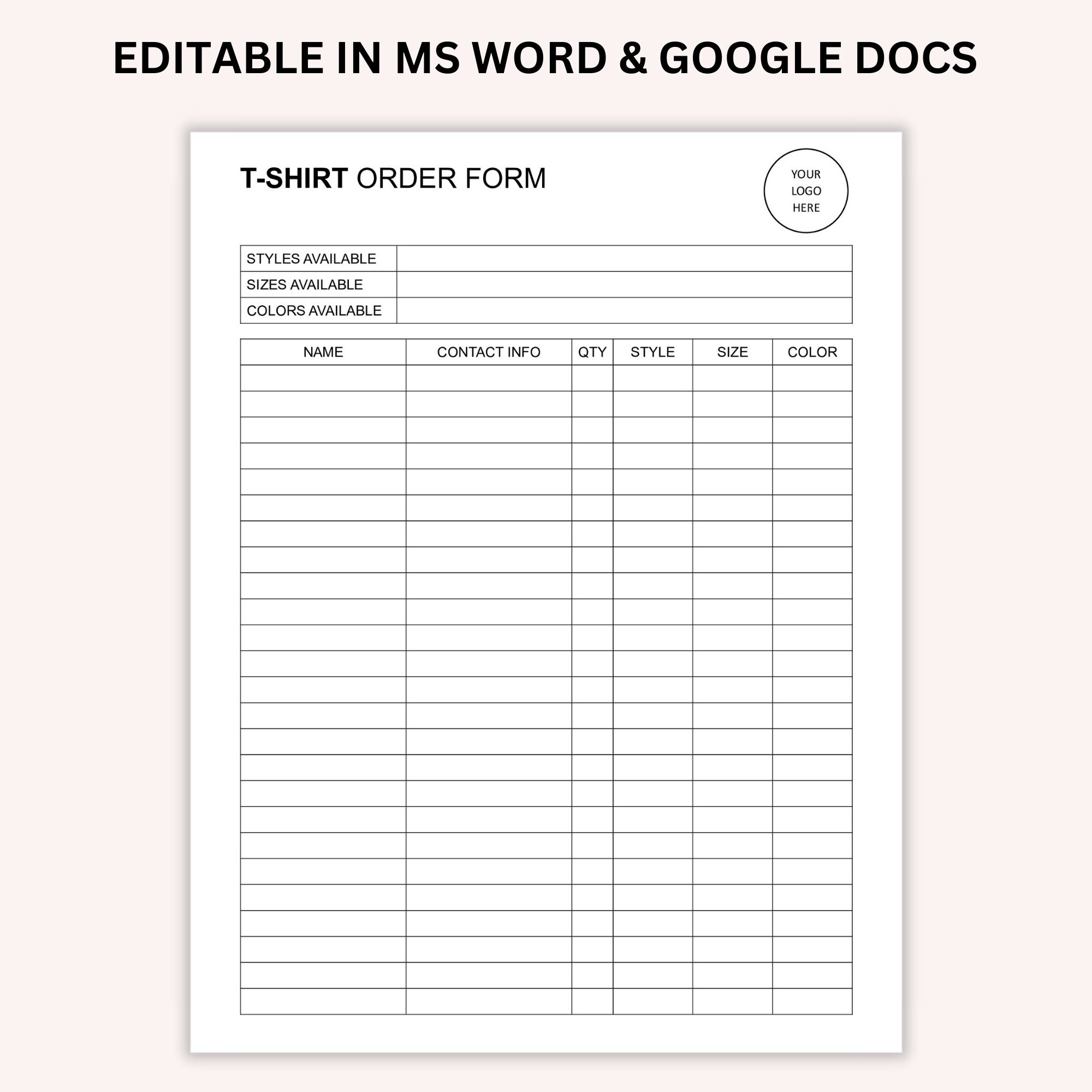 Editable T-shirt Order Template, Printable Custom Order Form, Sales ...