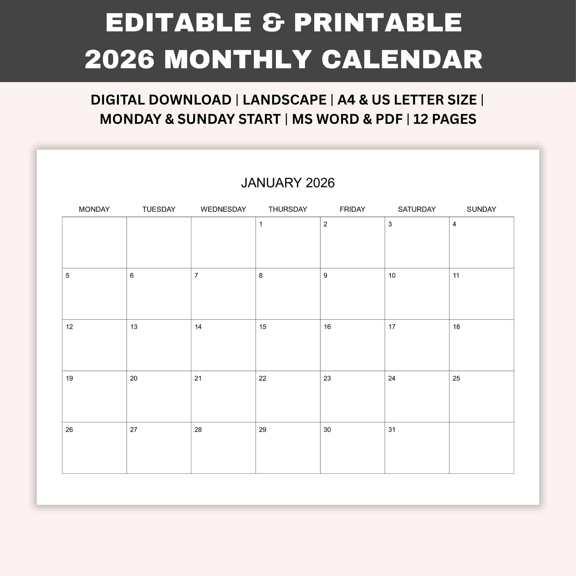 2026 Monthly Calendar, Editable Year Planner, Printable Minimalist ...