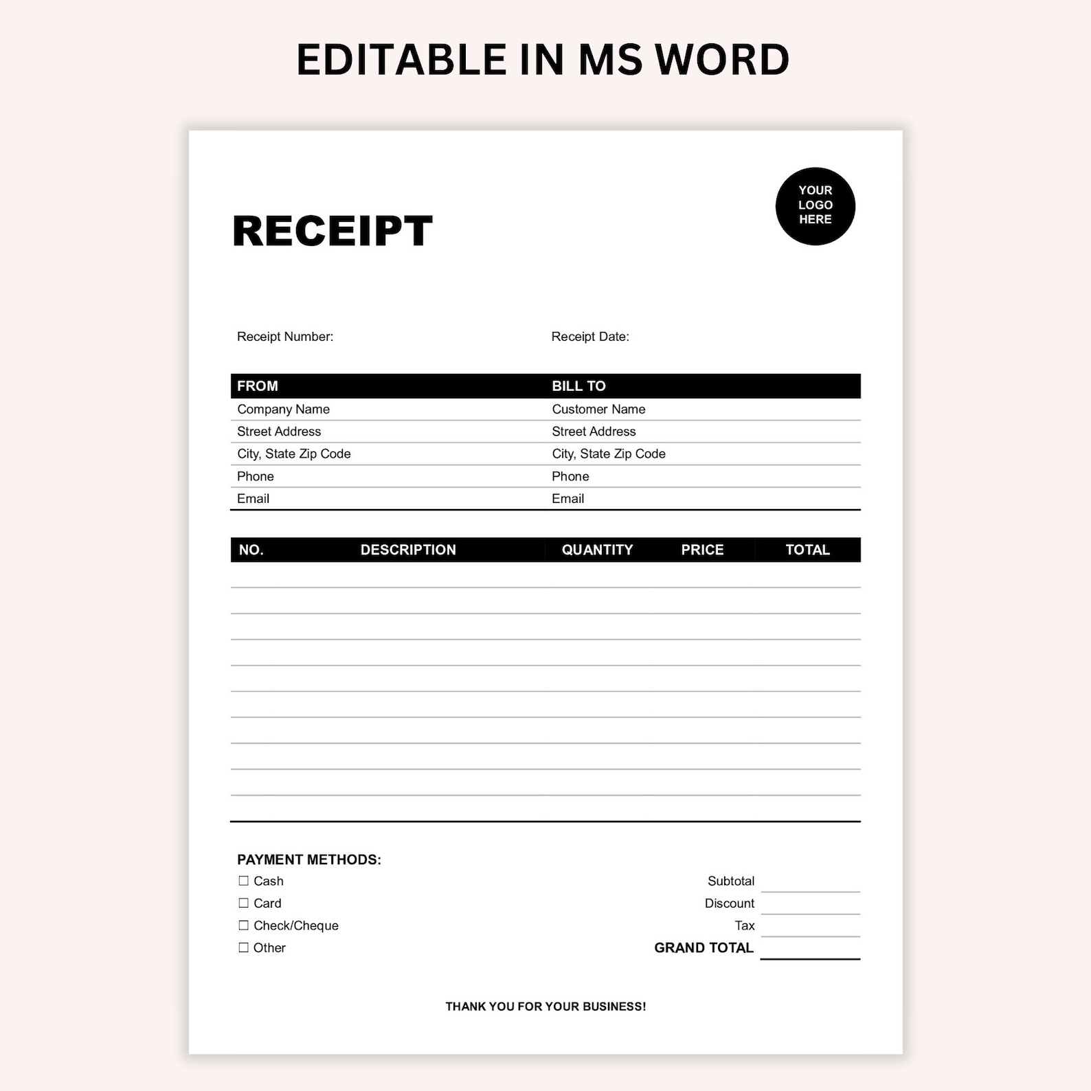 Editable Receipt Template, Business Receipt, Billing Template, Receipt ...