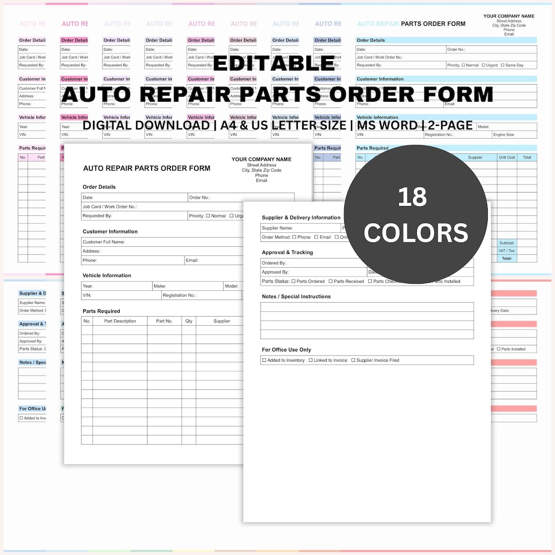 Editable Auto Repair Parts Order Form, Mechanic Shop Printable Sheet ...