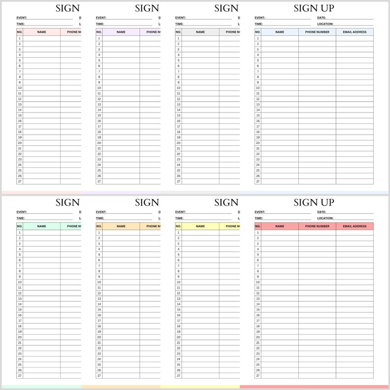 Printable Sign up Sheet, Contact Information, Event Sign up Sheet ...