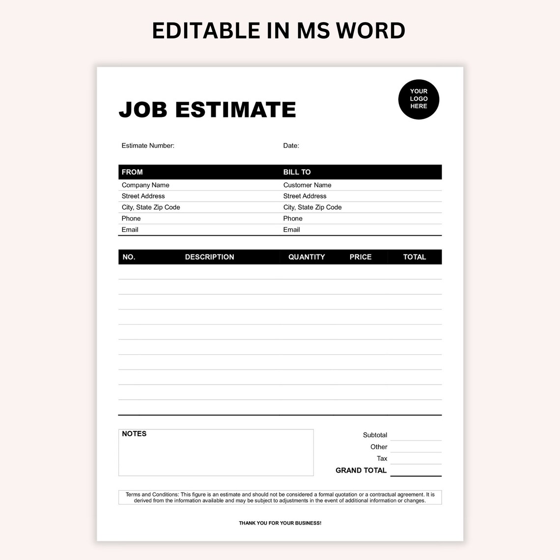 Editable Job Estimate Template, Job Proposal, Job Quote, Estimate Form ...