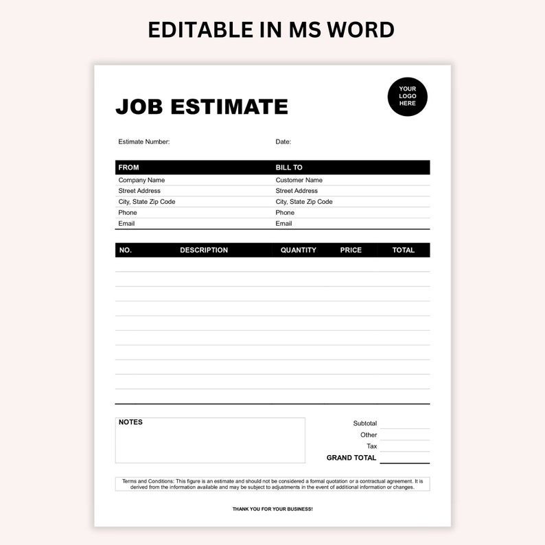 Editable Job Estimate Template, Job Proposal, Job Quote, Estimate Form ...