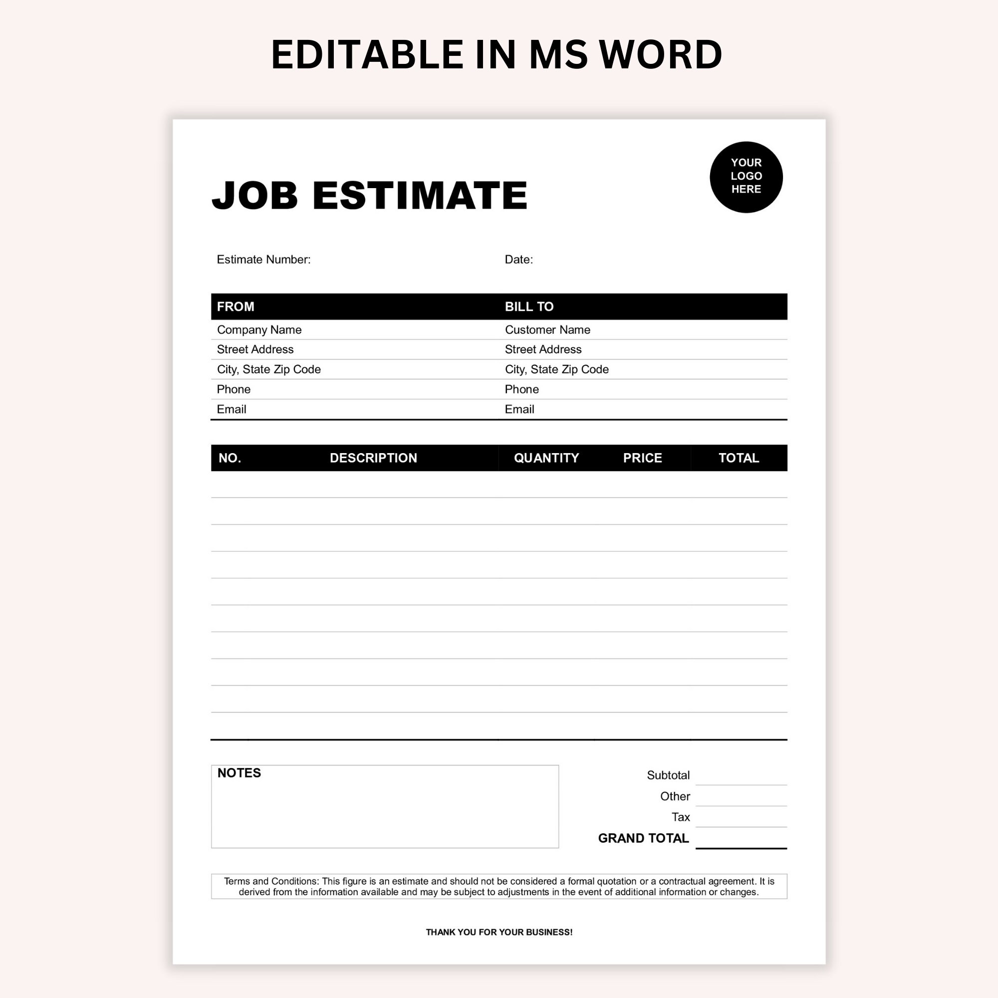 Editable Job Estimate Template, Job Proposal, Job Quote, Estimate Form ...