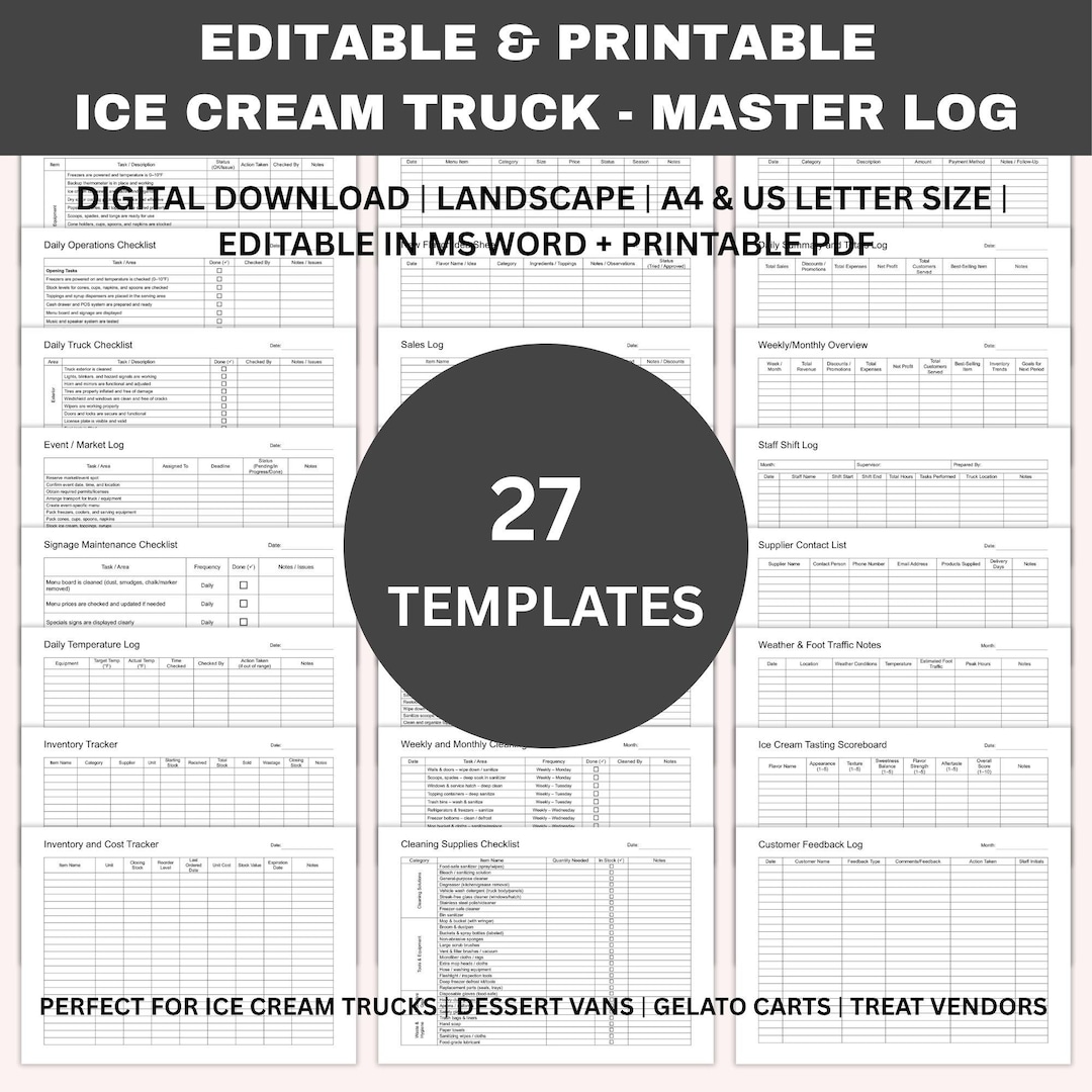 Editable Ice Cream Truck Master Log, Cleaning Checklists, Inventory ...