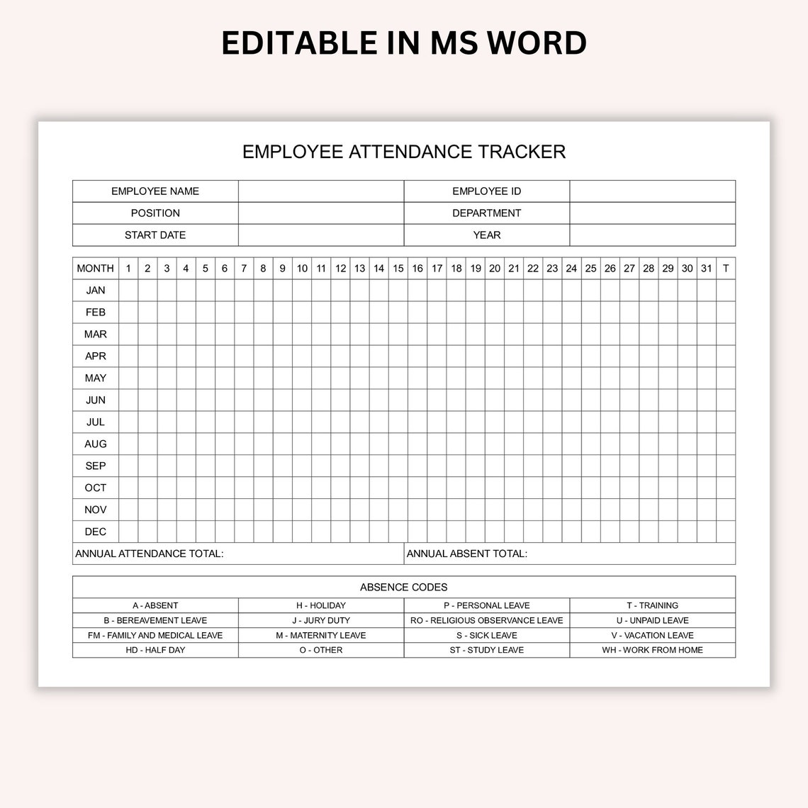 Editable Employee Attendance Tracker, Printable Daily Attendance Log ...