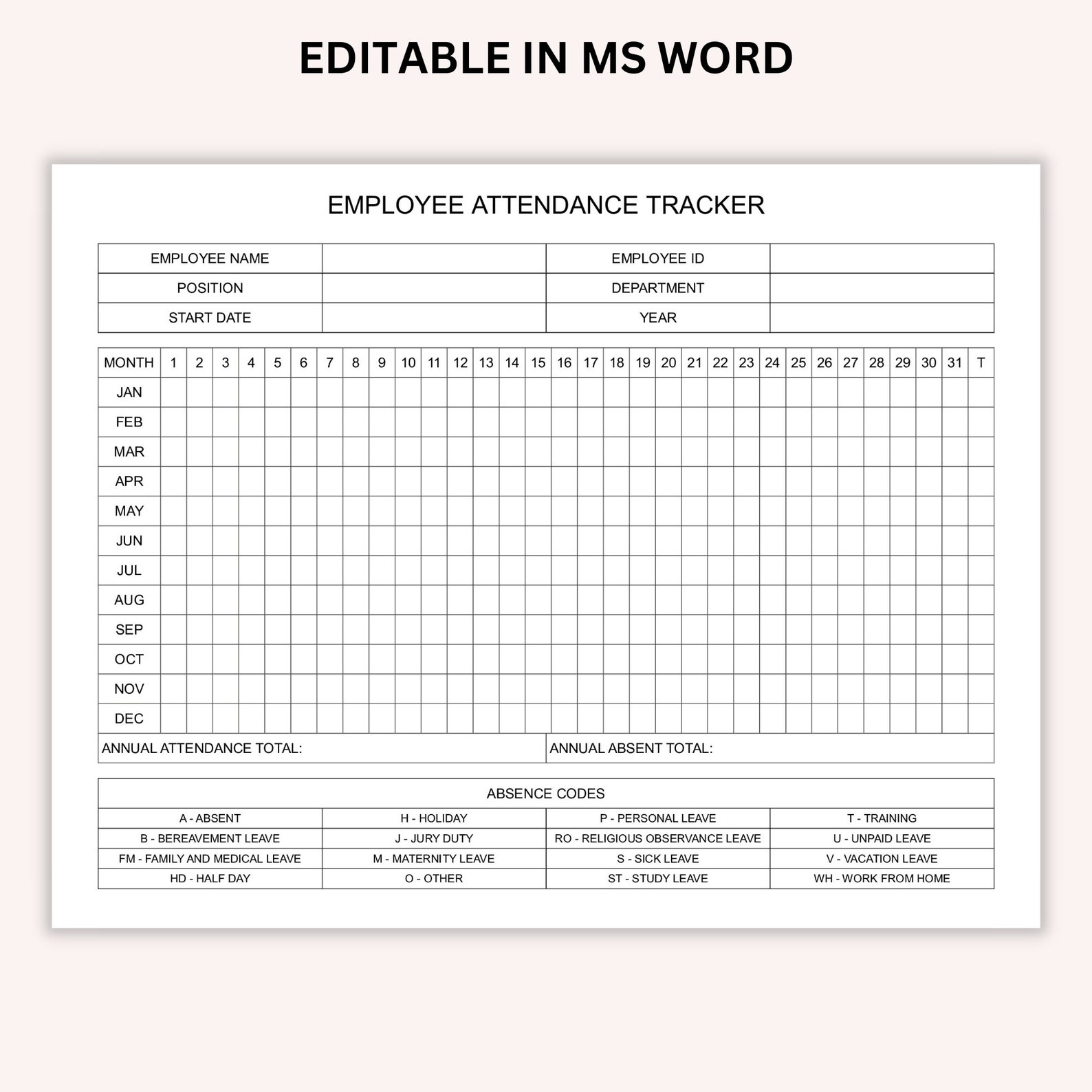 Editable Employee Attendance Tracker, Printable Daily Attendance Log ...