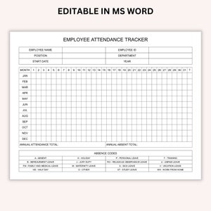 Editable Employee Attendance Tracker, Printable Daily Attendance Log ...