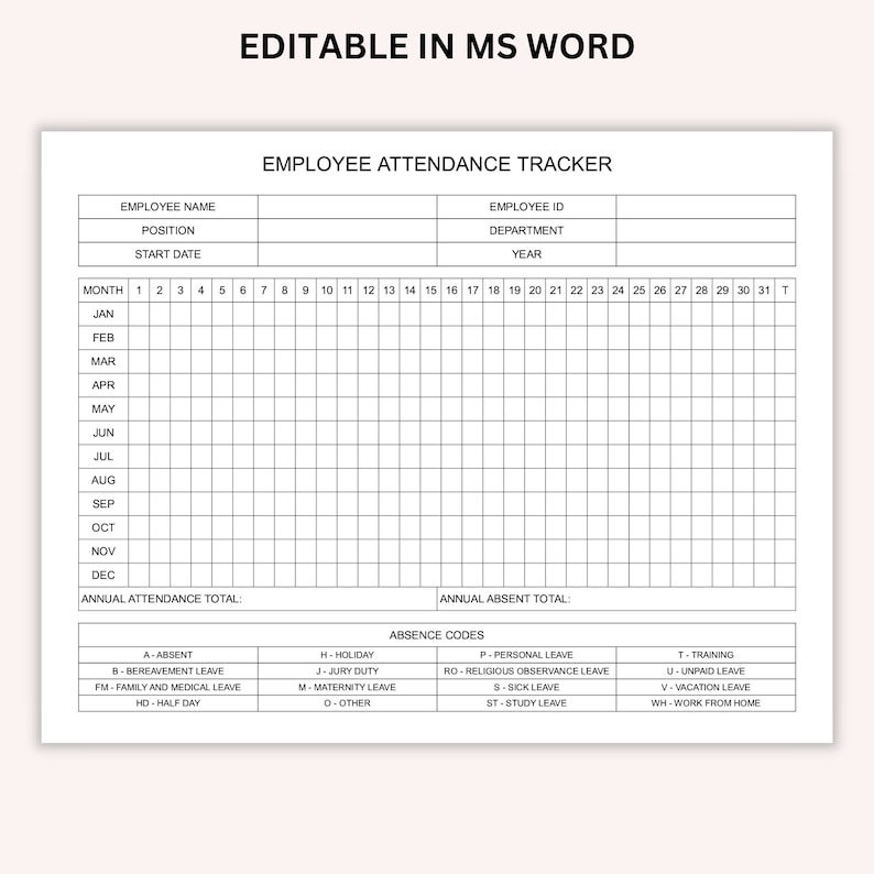 Editable Employee Attendance Tracker, Printable Daily Attendance Log ...