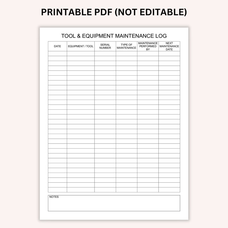 Editable Tool & Equipment Maintenance Log, Printable Equipment Repair Log, Service Log ...