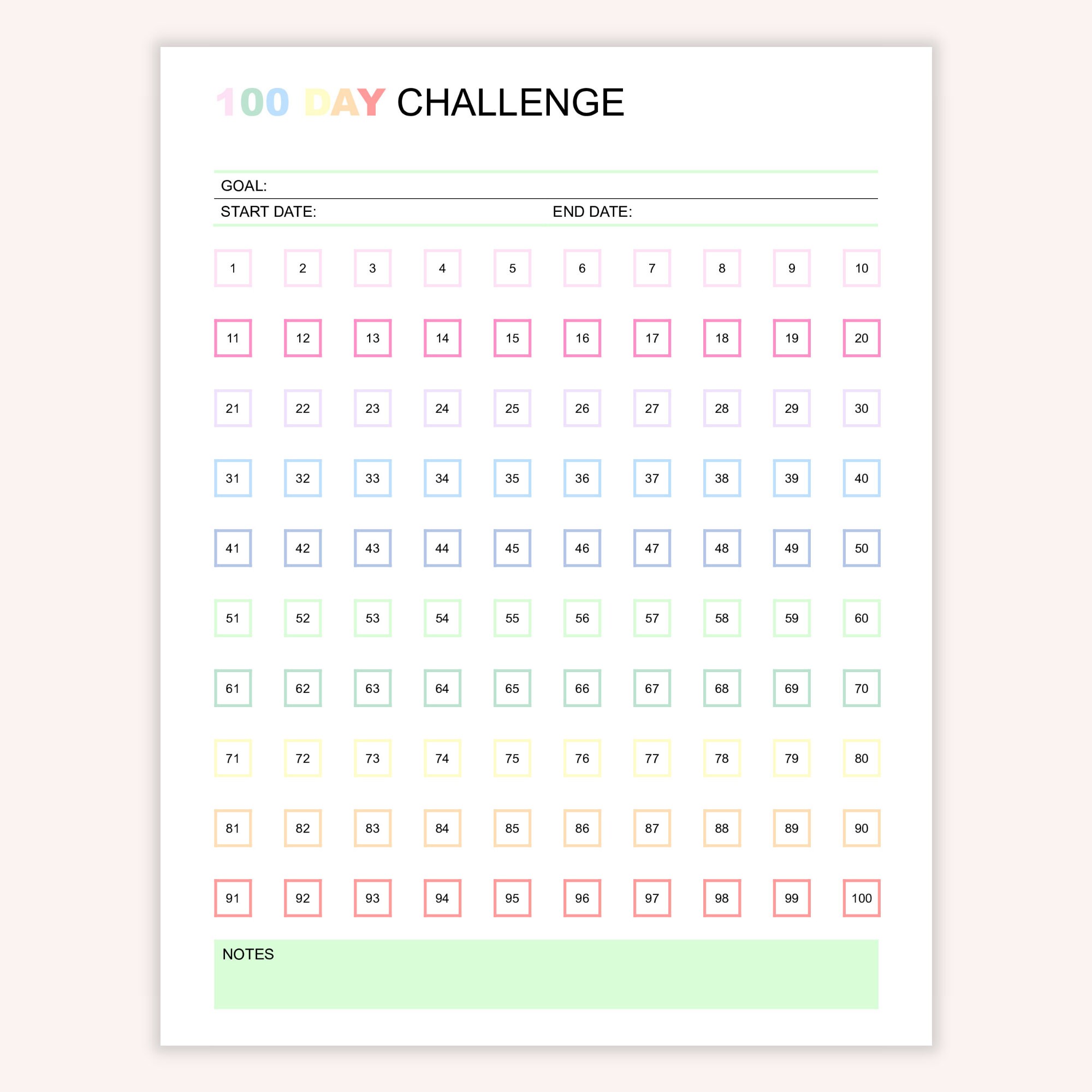 Editable 100 Day Challenge Tracker, 100 Day Goal Progress Tracker ...