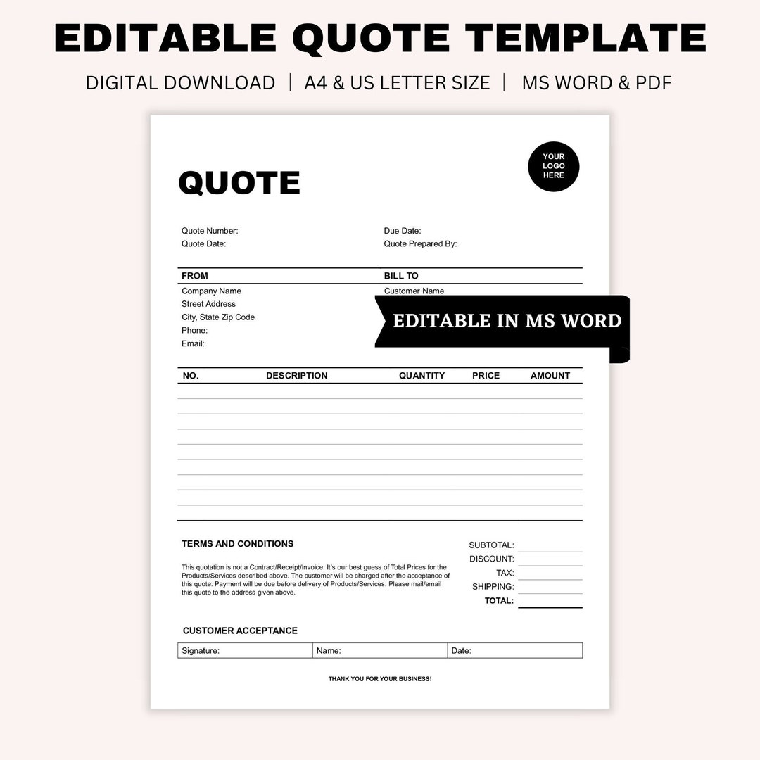 Editable Quote Template, Quote Form, Job Quote, Estimate Template ...