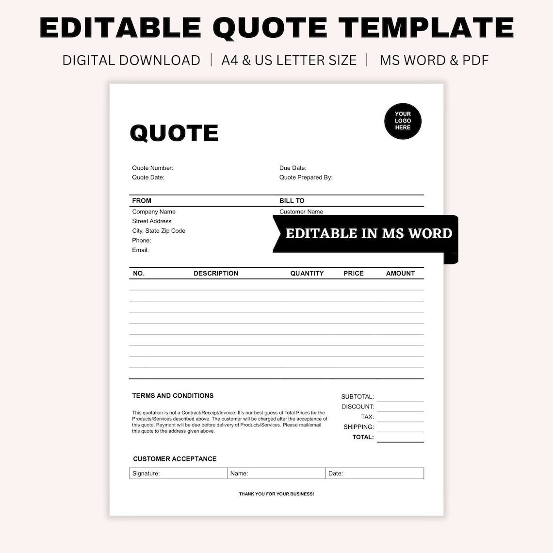 Editable Quote Template, Quote Form, Job Quote, Estimate Template ...