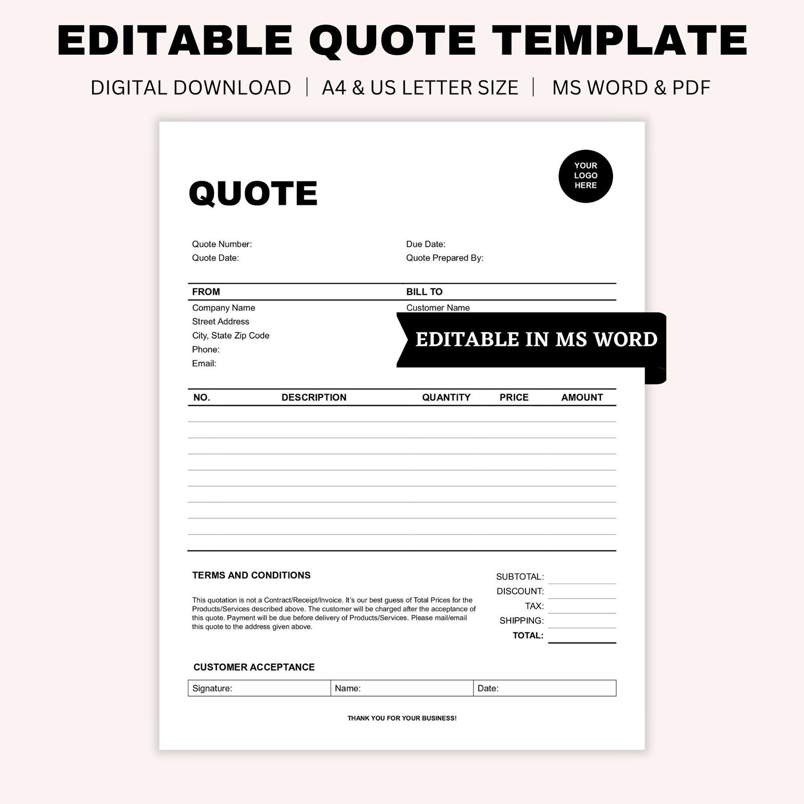 Editable Quote Template, Quote Form, Job Quote, Estimate Template, Price Quote, Small Business ...