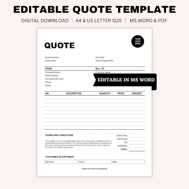 Editable Quote Template, Quote Form, Job Quote, Estimate Template ...