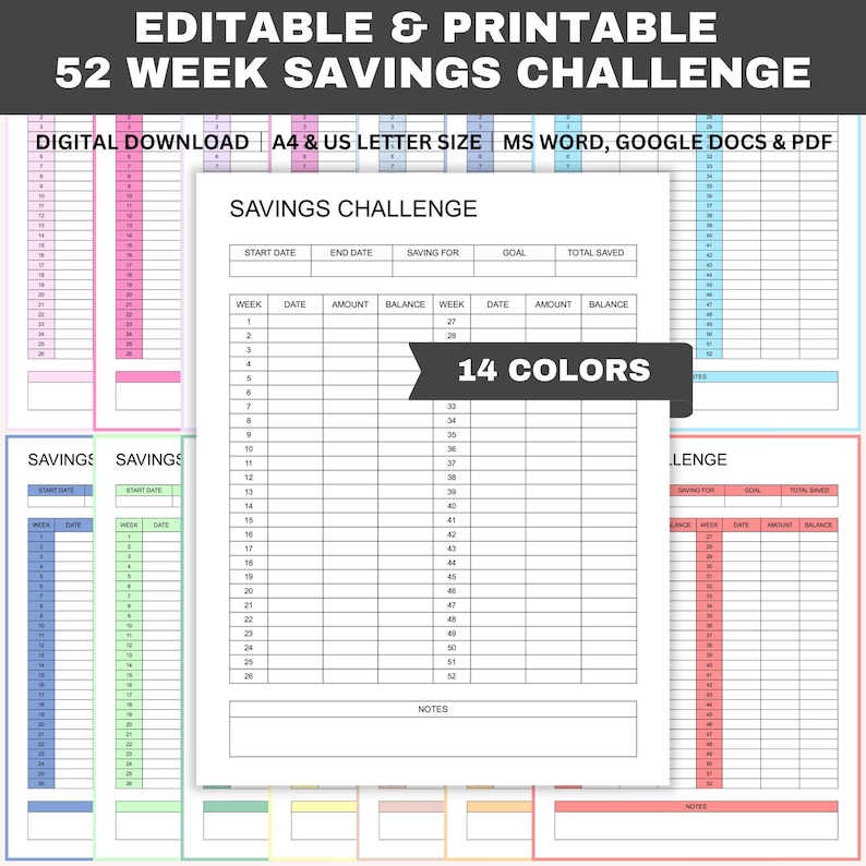 Editable & Printable 52 Week Savings Challenge, Money Challenge ...