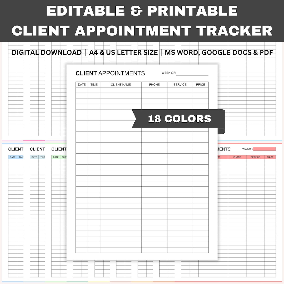 Editable Client Appointment Tracker, Printable Appointment Reminder, Meeting Log, Small Business ...