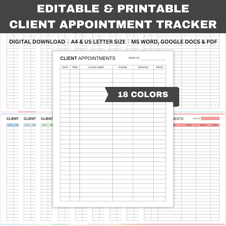 Editable Client Appointment Tracker, Printable Appointment Reminder, Meeting Log, Small Business ...