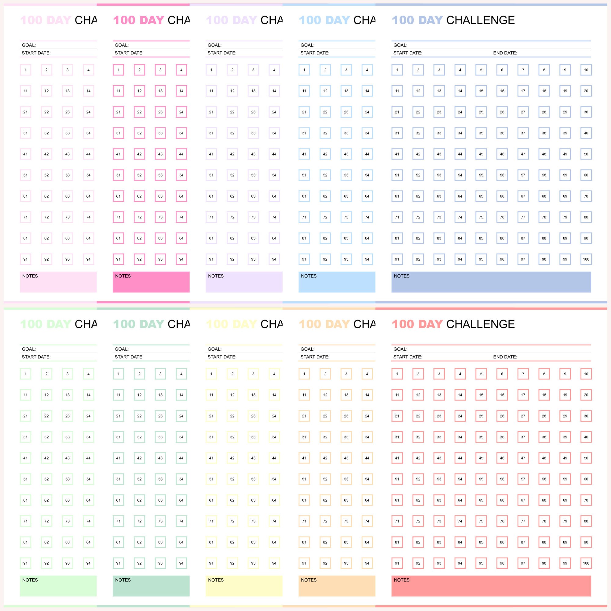 Editable 100 Day Challenge Tracker, 100 Day Goal Progress Tracker ...