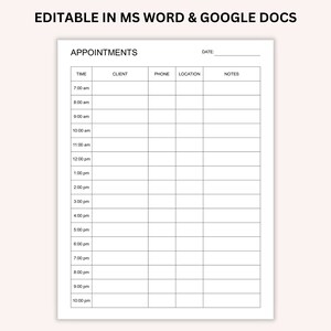 Editable Appointment Tracker, Printable Daily Appointment Log, Client ...