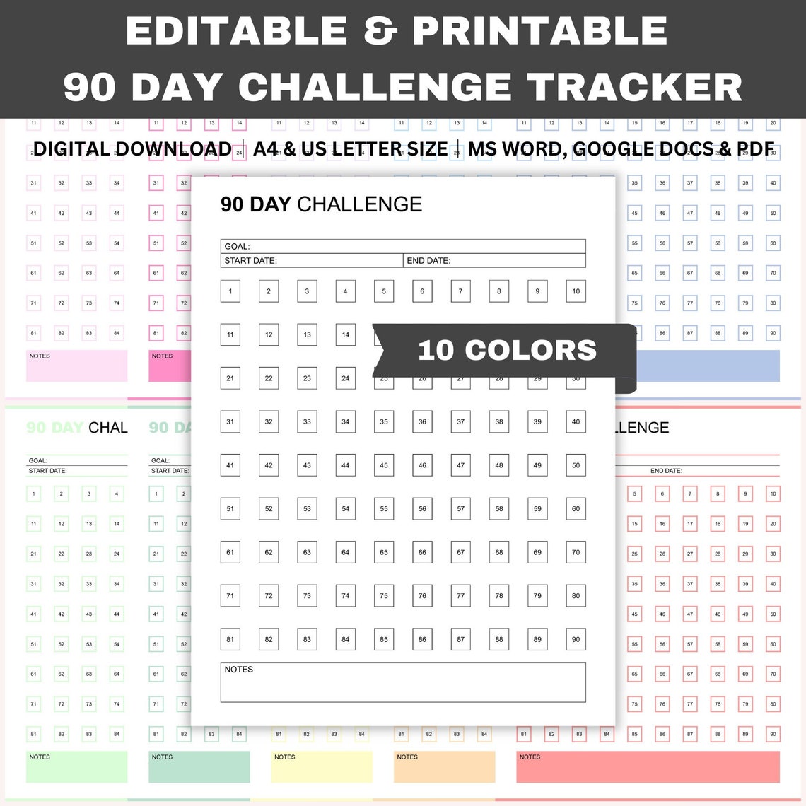 Editable 90 Day Challenge Tracker, 90 Day Goal Progress Tracker ...