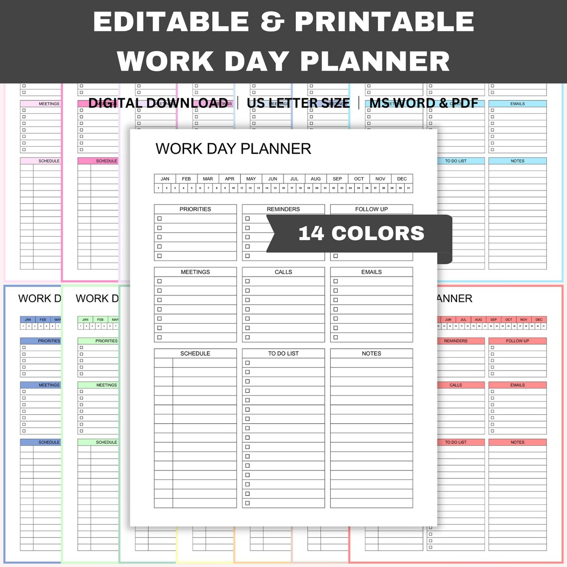 Work Day Planner Editable, Work Log, to Do List, Office Organizer ...