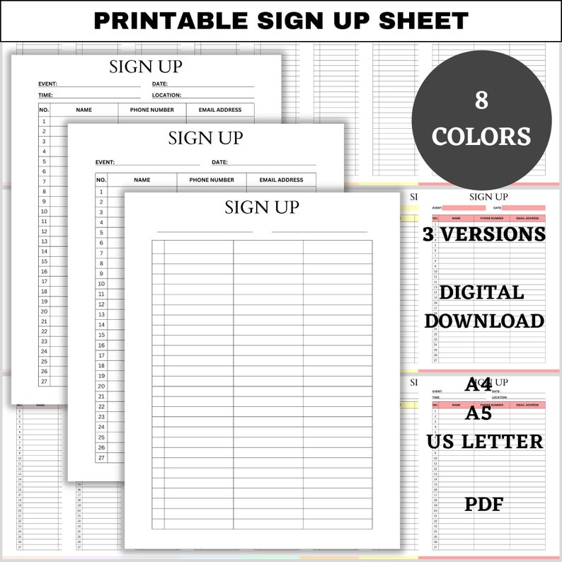 Printable Sign up Sheet, Contact Information, Event Sign up Sheet ...