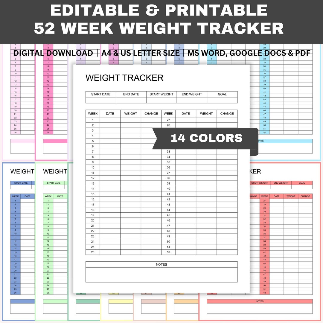Editable & Printable 52 Week Weight Tracker, Weight Log, Weight Loss ...
