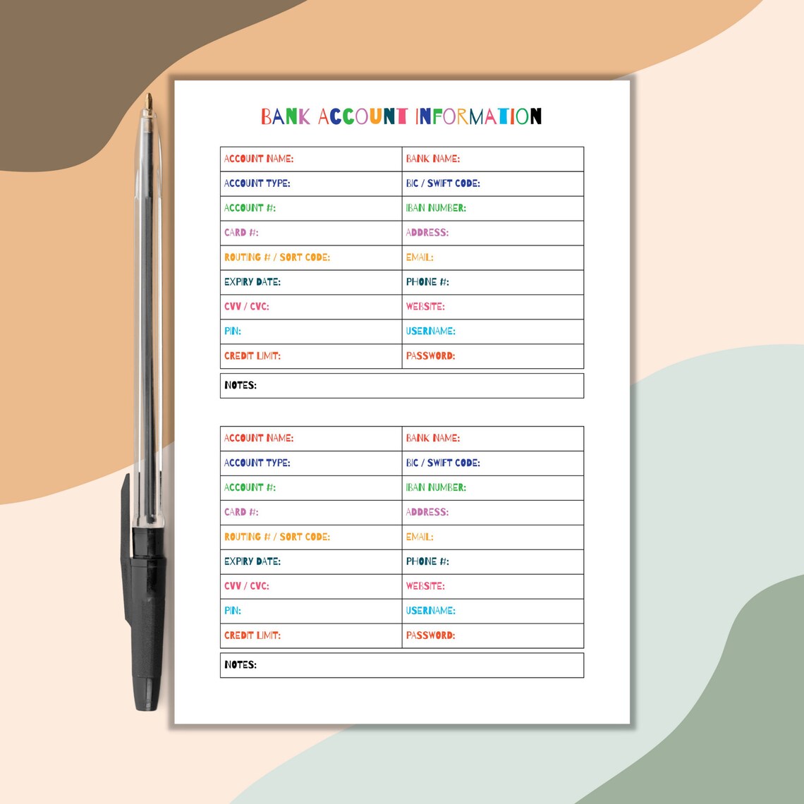 Printable Bank Account Information Tracker, Bank Details, Business ...