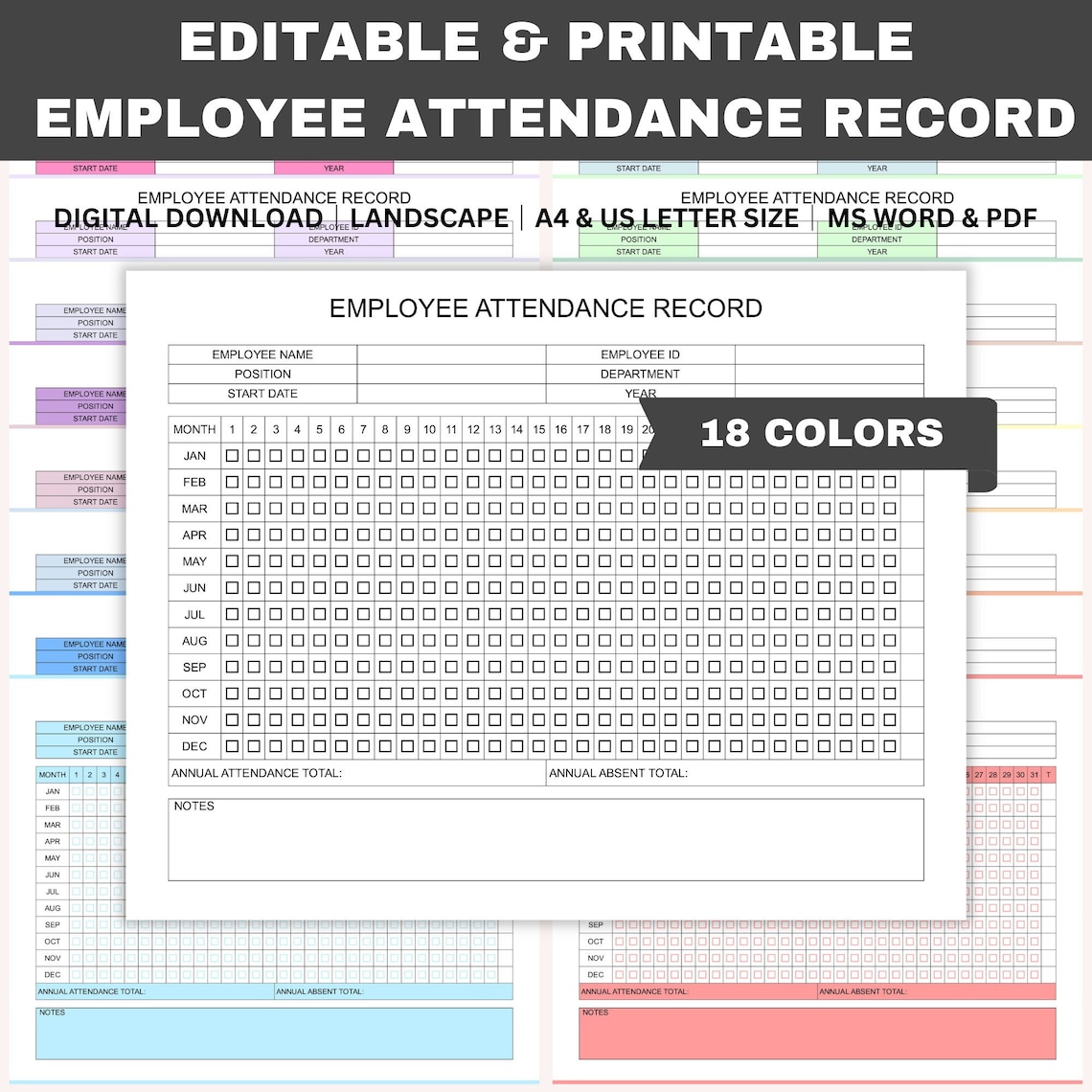 Editable Employee Attendance Record, Printable Absence Tracker ...