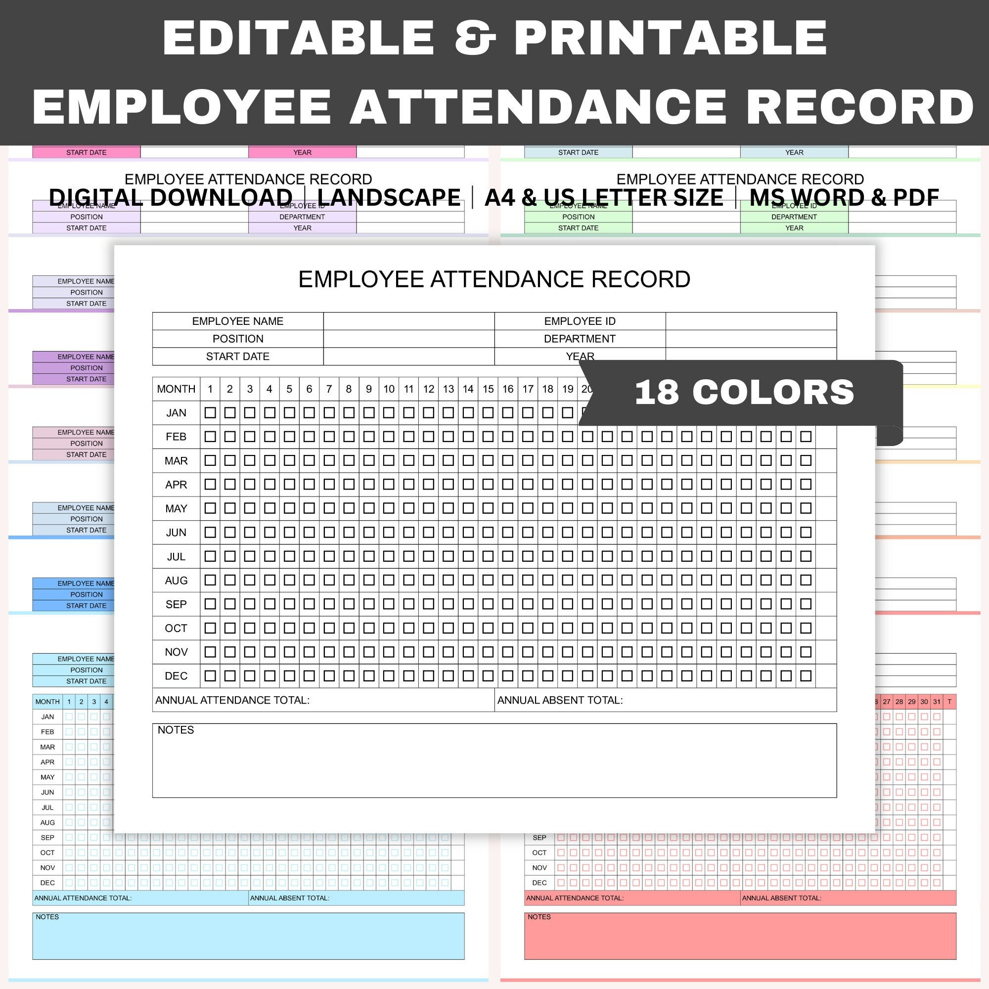 Editable Employee Attendance Record, Printable Absence Tracker ...