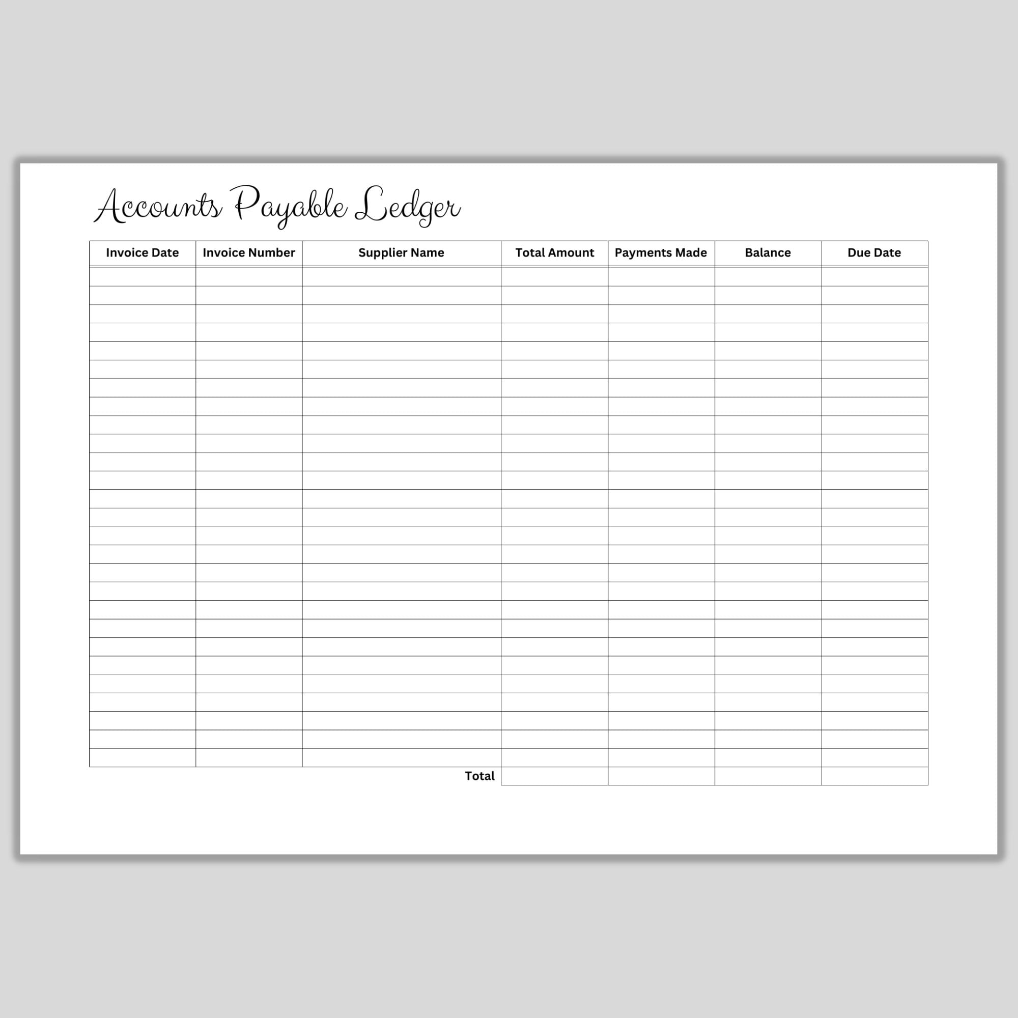 Printable Accounts Payable Ledger, Small Business Template, Bookkeeping ...