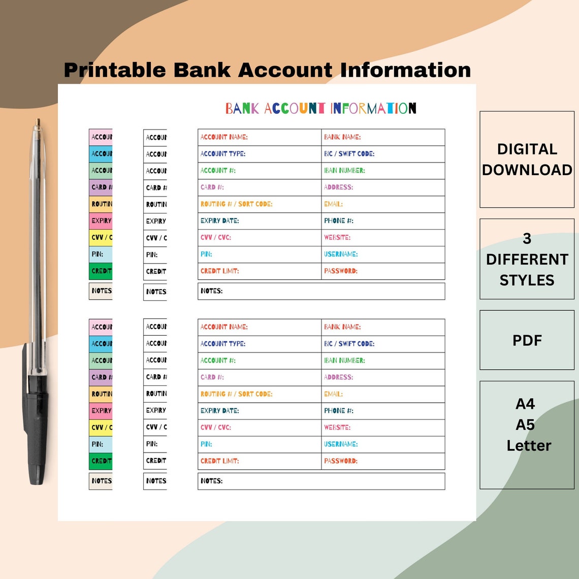 Printable Bank Account Information Tracker, Bank Details, Business ...