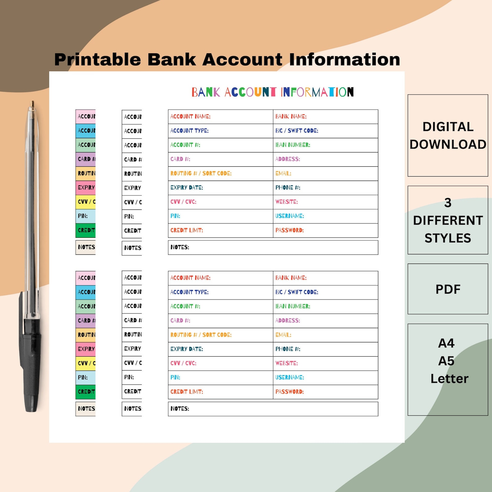 Printable Bank Account Information Tracker, Bank Details, Business ...
