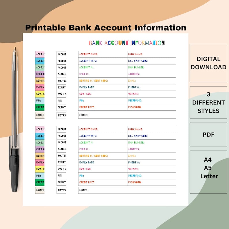 Printable Bank Account Information Tracker, Bank Details, Business ...