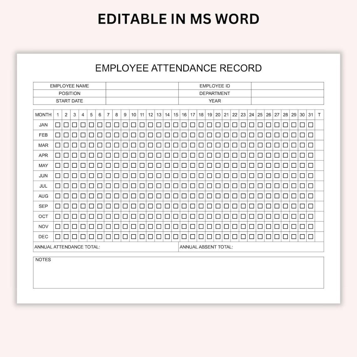 Editable Employee Attendance Record, Printable Absence Tracker ...