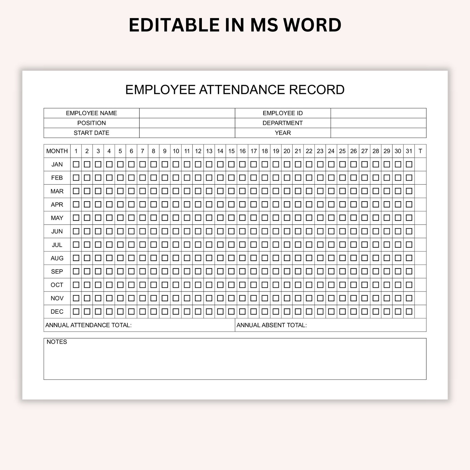 Editable Employee Attendance Record, Printable Absence Tracker ...