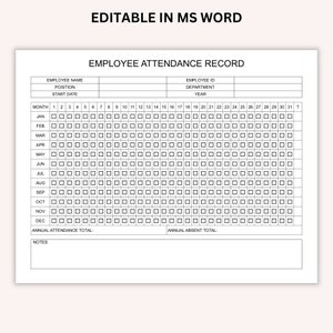 Editable Employee Attendance Record, Printable Absence Tracker ...