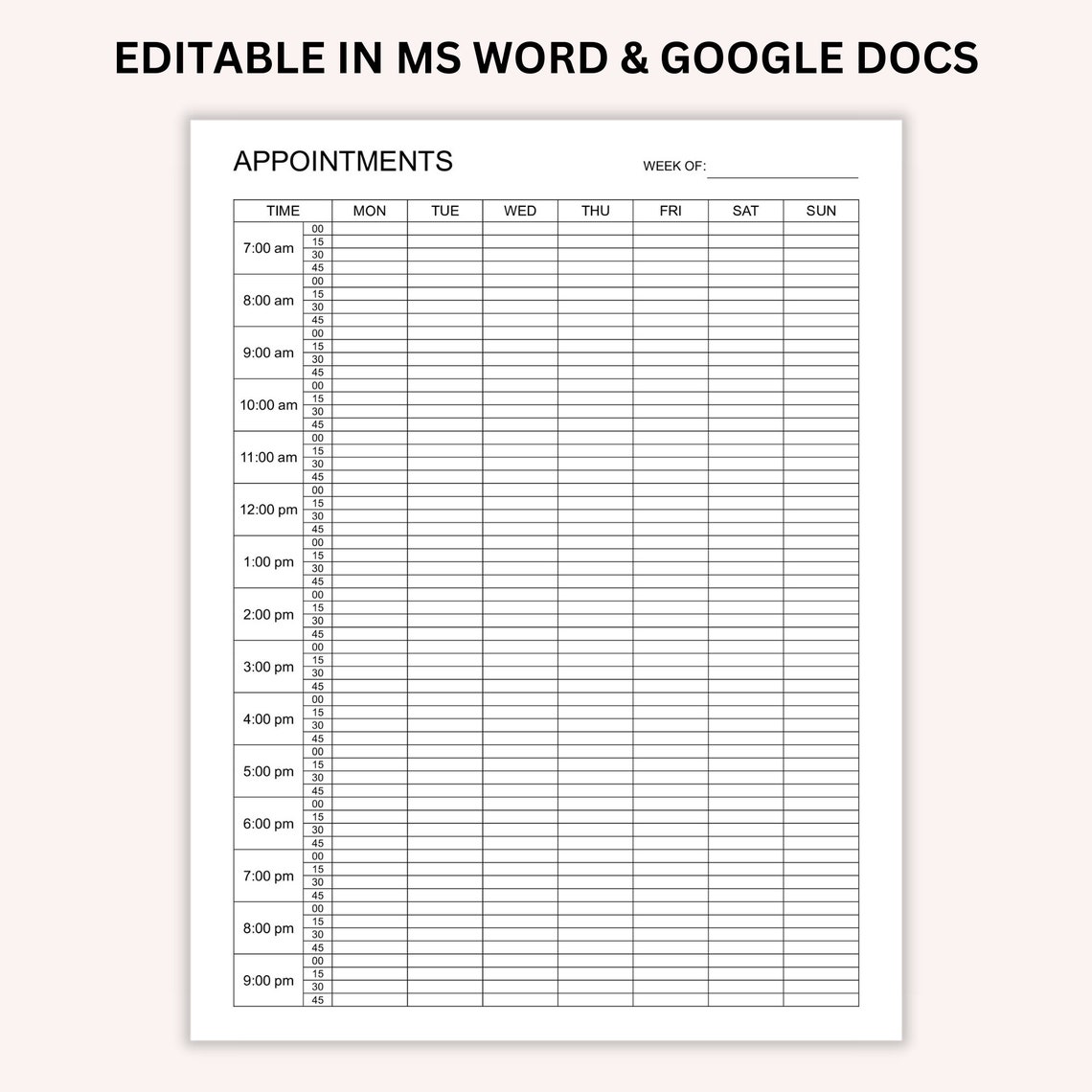 Editable Appointment Tracker, Printable 15 Minute Interval Appointment ...