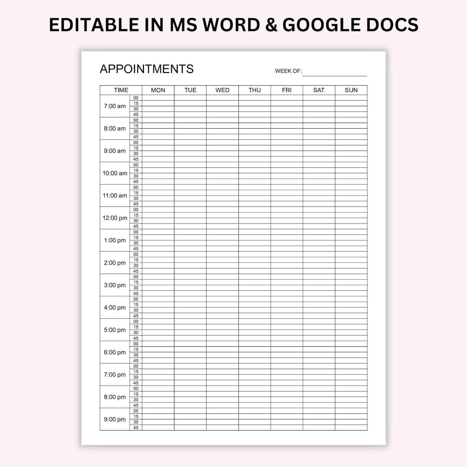 Editable Appointment Tracker, Printable 15 Minute Interval Appointment ...