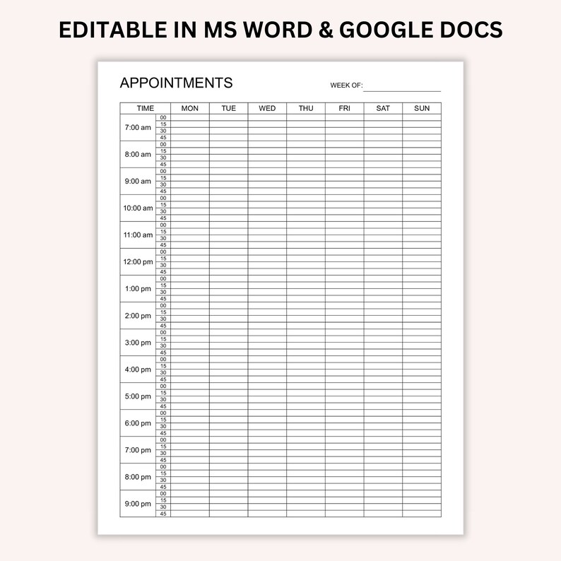 Editable Appointment Tracker, Printable 15 Minute Interval Appointment ...
