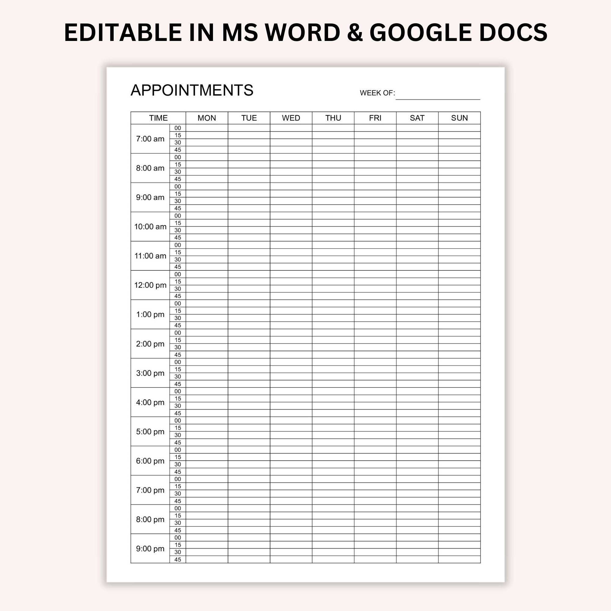 Editable Appointment Tracker, Printable 15 Minute Interval Appointment ...