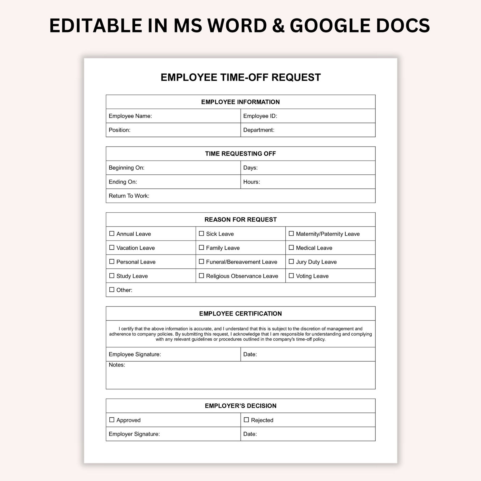 Editable Employee Time-off Request Template, Printable Vacation Request ...