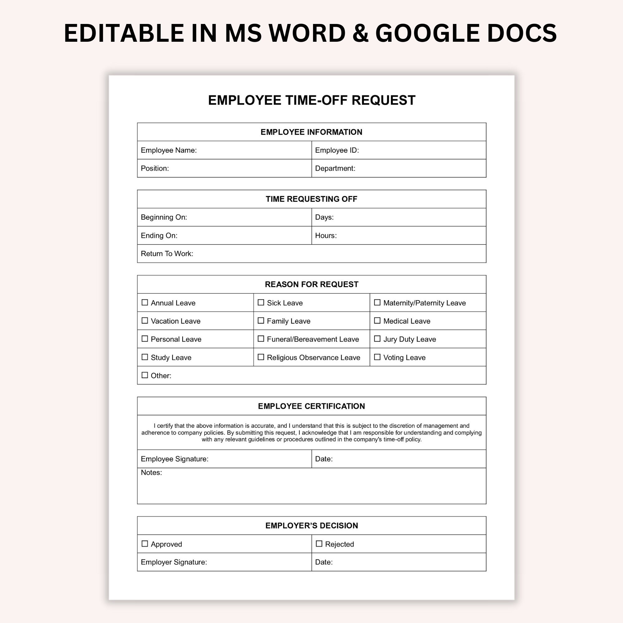 Editable Employee Time-off Request Template, Printable Vacation Request ...