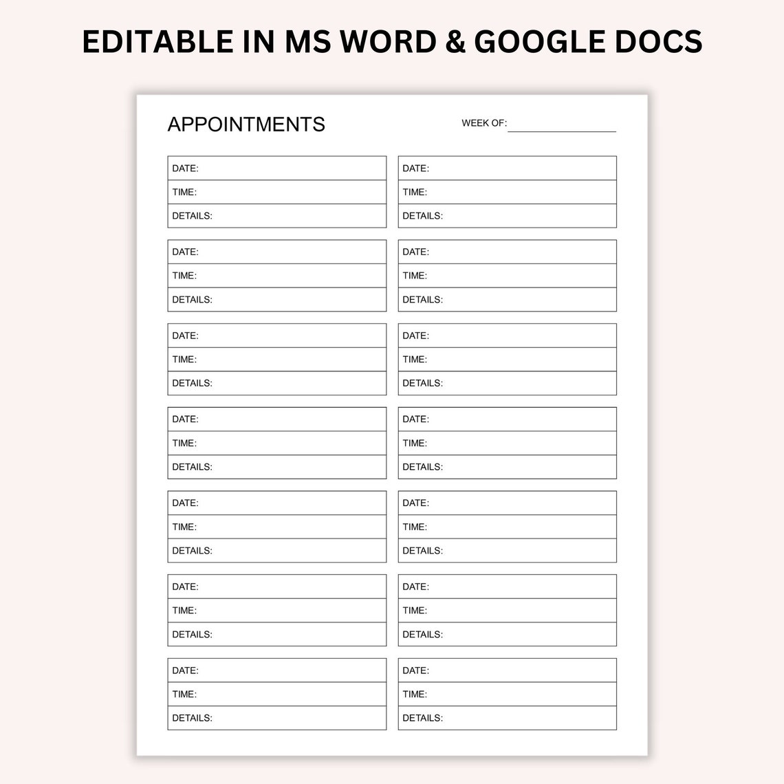 Editable Appointment Tracker, Printable Appointment Schedule, Client ...