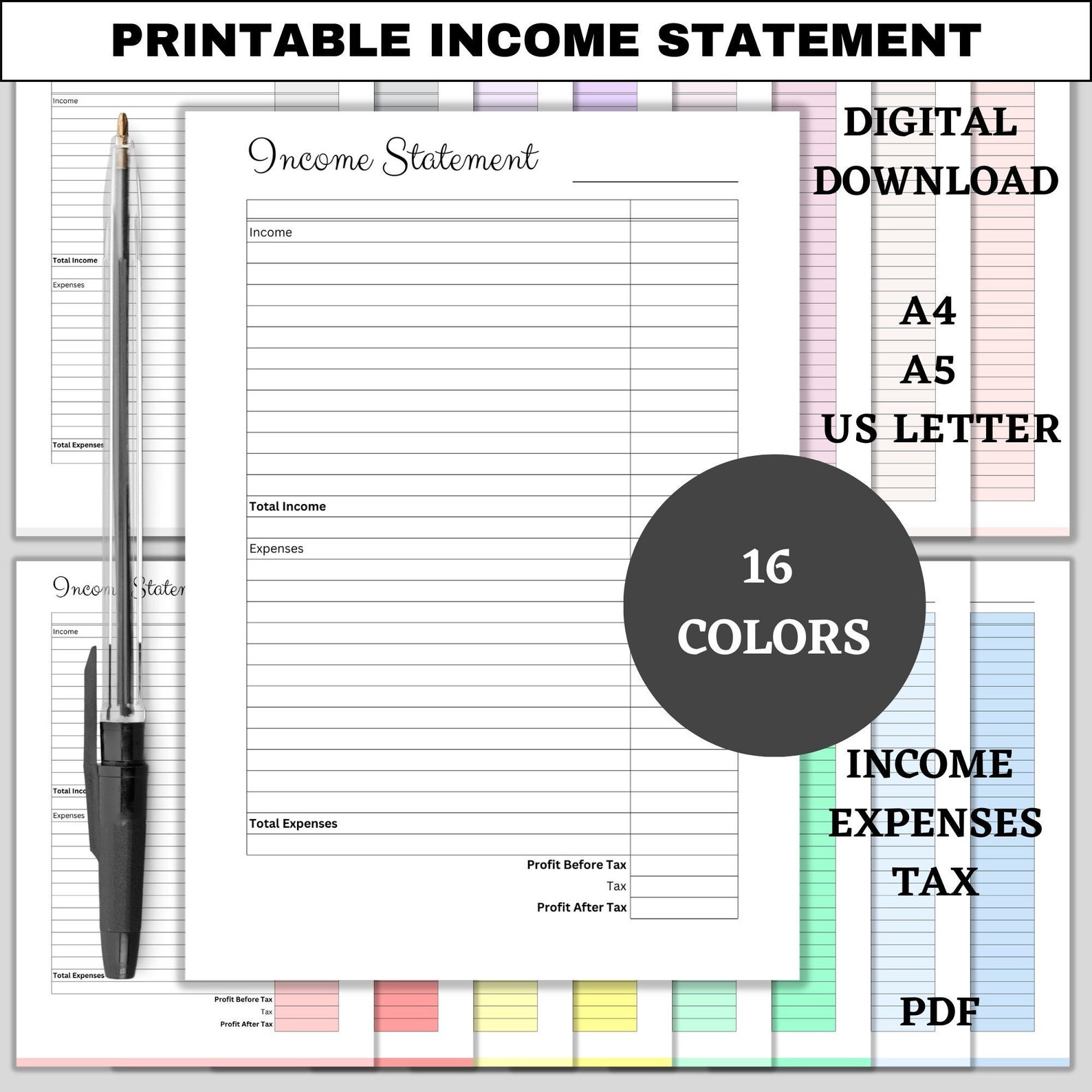 Printable Income Statement, Profit and Loss, Income, Expenses, Tax ...