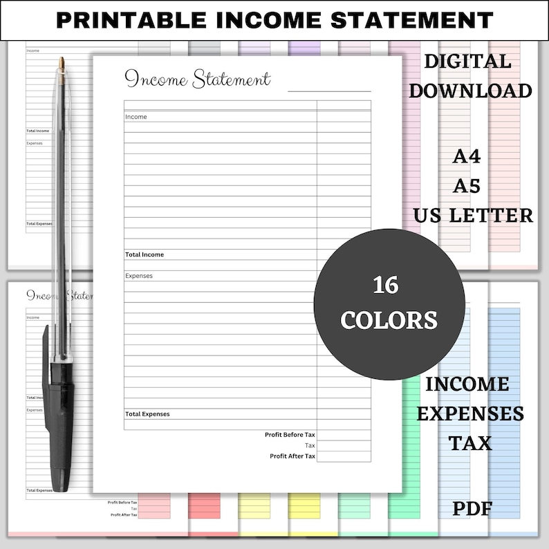 Printable Income Statement, Profit and Loss, Income, Expenses, Tax ...