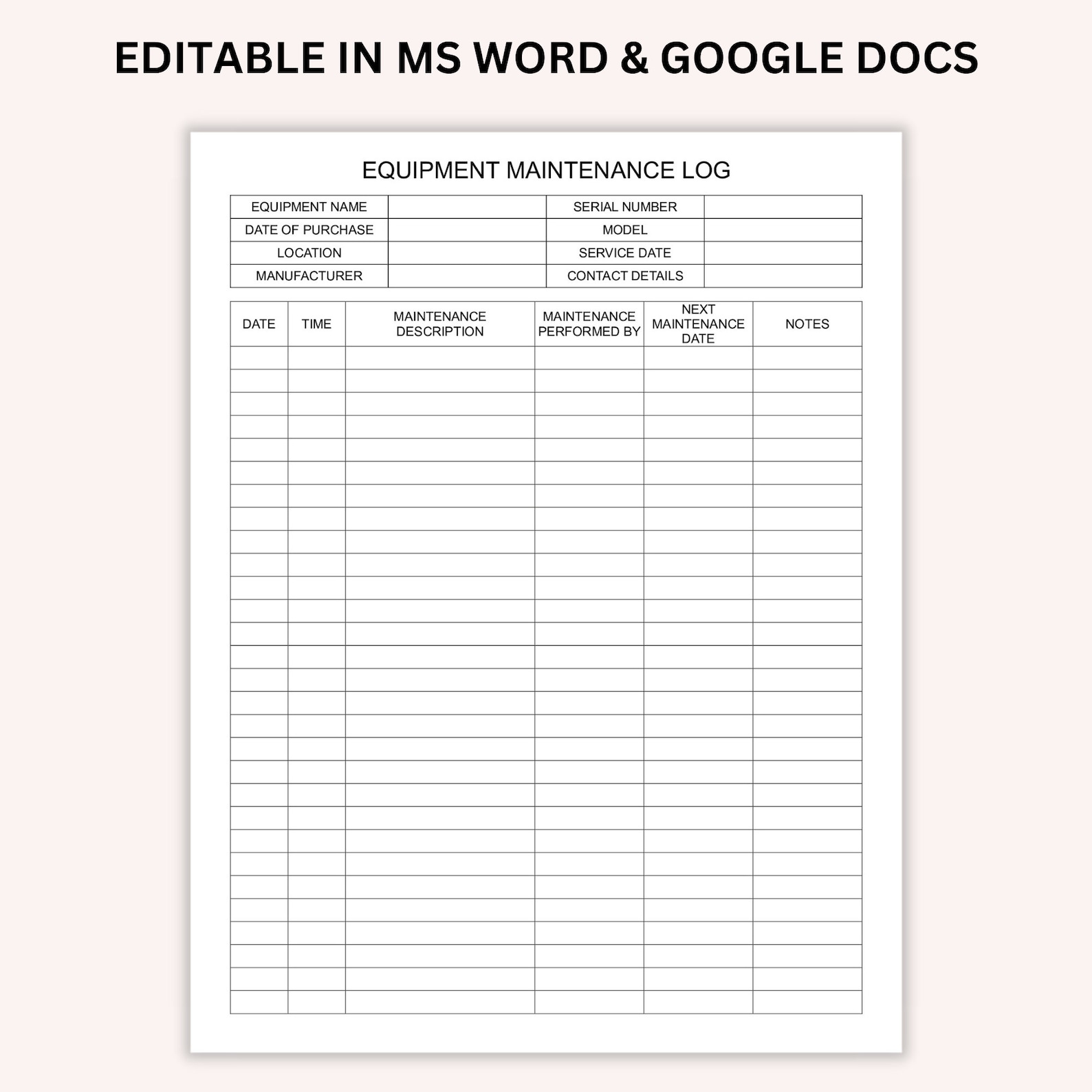 Editable Equipment Maintenance Log, Printable Maintenance Schedule ...